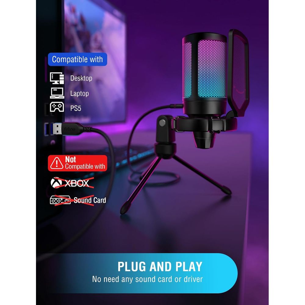 Microfone Fifine Ampligame A6V Preto RGB USB | ChipByte Informática